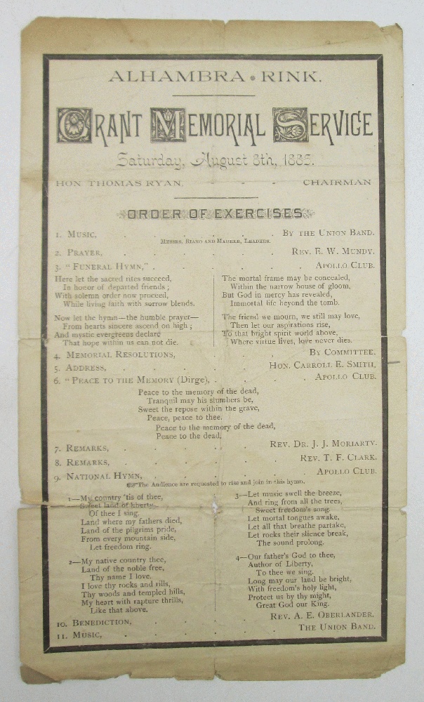 Alhambra Rink, Syracuse US Grant Memorial Service Handbill